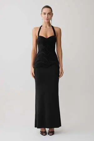 Meshki Hoai Gathered Slinky Halter Maxi Dress - Black