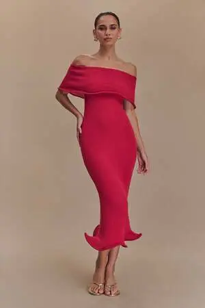 Meshki Molly Off Shoulder Knit Midi Dress - Raspberry
