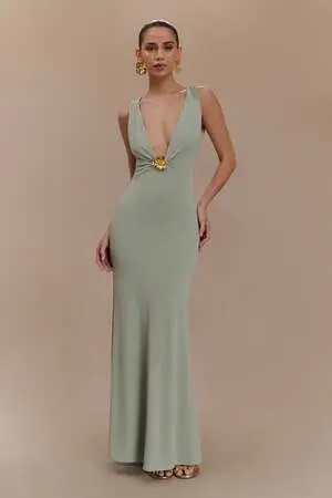 Meshki Beck Plunge Maxi Dress With Floral Hardware - Basil