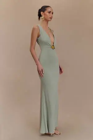 Meshki Beck Plunge Maxi Dress With Floral Hardware