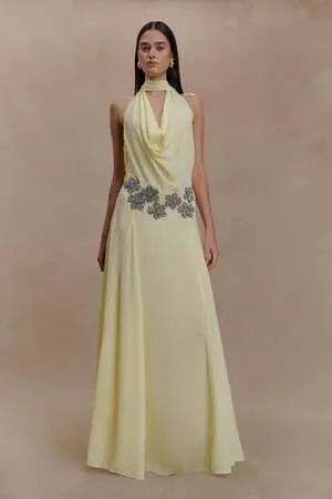 Meshki Santal Floral Chiffon Halter Maxi Dress - Lemon