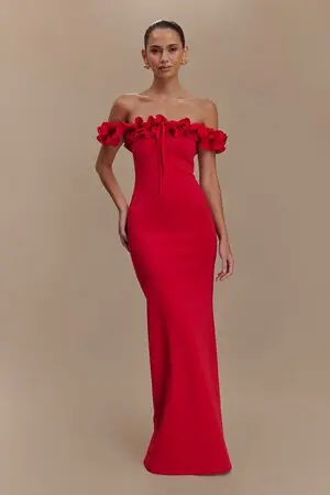 Meshki Nova Ruffle Off Shoulder Maxi Dress - Ruby Red