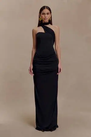 Meshki Mattea Slinky And Mesh Maxi Dress With Scarf - Black