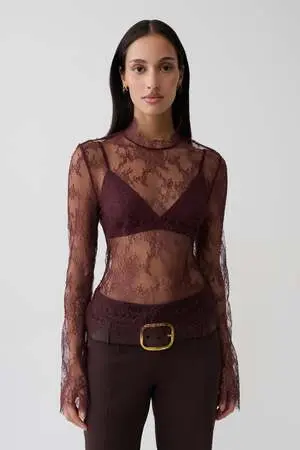 Meshki Alizette High Neck Long Sleeve Lace Top - Red