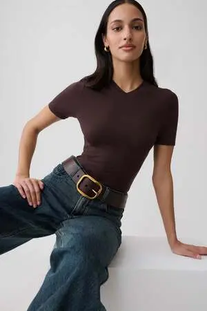Meshki Janelle High V Neck Short Sleeve Top