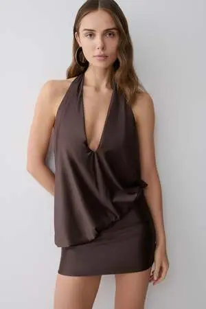 Meshki Arabel Draped Halter Mini Dress - Chocolate