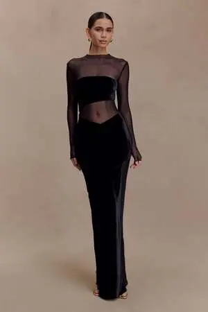 Meshki Davina Velvet And Mesh Maxi Dress - Black