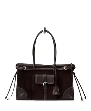 Prada Bonnie Large Corduroy And Leather Handbag - Ebony