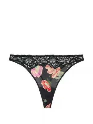 AUBADE Sweetfolk Floral-print Lace-trim Thong - Black