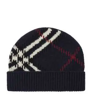 Burberry Cashmere-blend Check Beanie - Blue