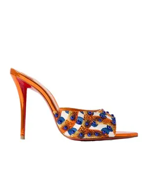 CHRISTIAN LOUBOUTIN Embellished Printed Faille Mules - Brown