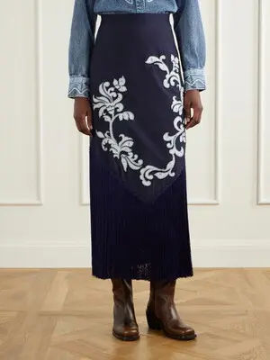 ALEMAIS Dillon Crystal And Bead-embellished Fringed Appliquéd Satin Midi Skirt - No