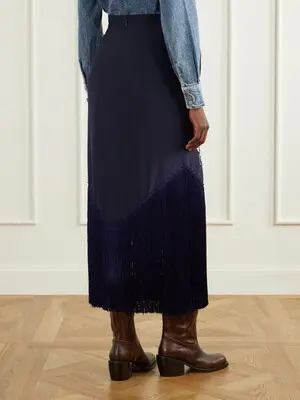ALEMAIS Dillon Crystal And Bead-embellished Fringed Appliquéd Satin Midi Skirt - No