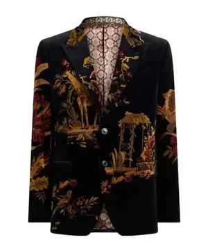 Etro SINGLE-BREASTED COTTON VELVET JACKET WITH PLACED FLOWER AND ANIMAL PRINT Black