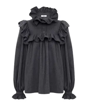 Chloé High-neck Ruffled Top In Wool Cashmere Flannel - Pattern Gray