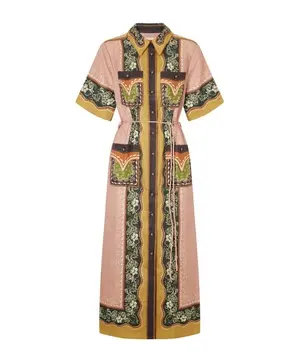 ALEMAIS Belted Printed Hemp Midi Dress