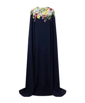 Oscar De La Renta Cape-effect Floral-embroidered Silk-blend Georgette Gown