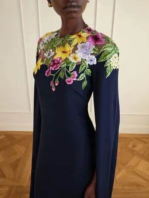 Oscar De La Renta Cape-effect Floral-embroidered Silk-blend Georgette Gown