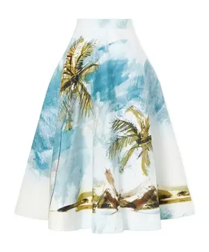 Oscar De La Renta All Over Beach Printed Cotton-blend Poplin Midi Skirt - No