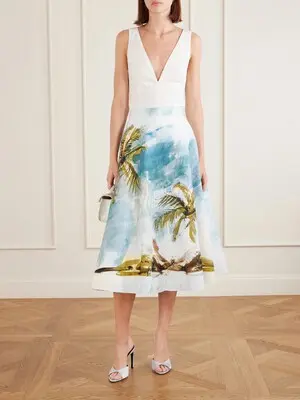 Oscar De La Renta All Over Beach Printed Cotton-blend Poplin Midi Skirt