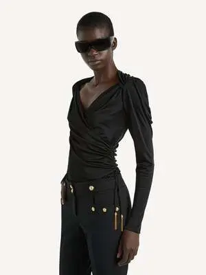 Balmain Draped Flowing Jersey Top With Plunging Neckline
