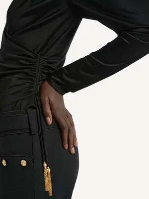 Balmain Draped Flowing Jersey Top With Plunging Neckline
