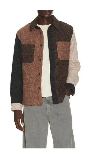 LES DEUX Wool Colourblock Overshirt In Brown - Mole Brown