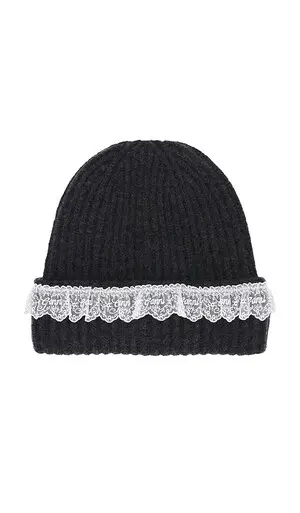 GANNI Compact Wool Lace Beanie In Grey - Phantom