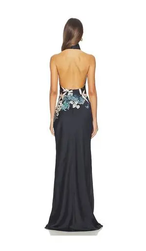 SAU LEE Gillian Satin Gown In Black - Black Multi