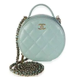 CHANEL Light Green Quilted Caviar Handle With Care Round Vanity Case