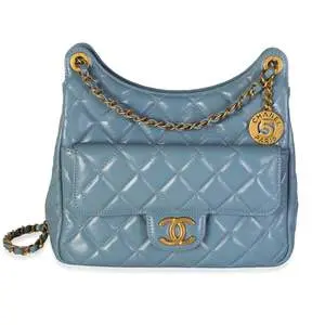 CHANEL Blue Shiny Quilted Calfskin Small Wavy CC Hobo