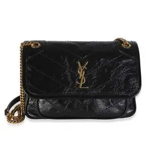 Saint Laurent Crinkled Calfskin Matelasse Niki Chain Satchel - Black