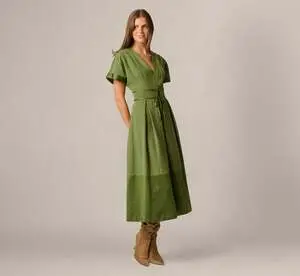 Adrianna Papell Short Sleeve Pleated Bow Waist Sueded Satin Midi Dress - Olive
