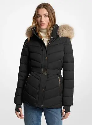 Michael Kors Faux Fur Trim Packable Quilted Puffer Jacket In Size By - Black