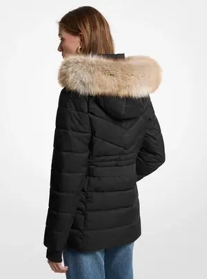 Michael Kors Faux Fur Trim Packable Quilted Puffer Jacket In Size By - Black