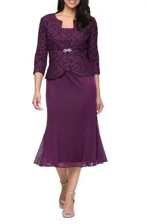 Alex Evenings Mixed Media Cocktail Dress & Jacket Set - Plum