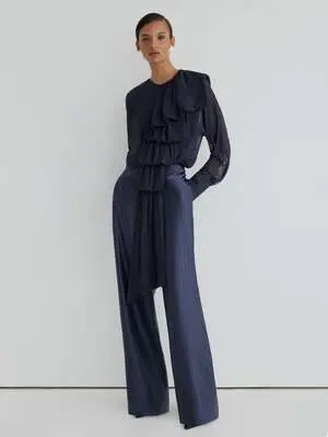 ATELIER Sheer Draped Ruffle-detail Blouse - Navy