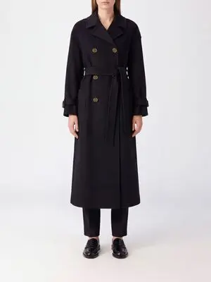 Elisabetta Franchi Double-breasted Long Wool Coat With Belt - Black