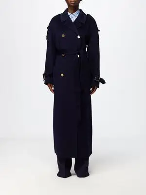 Elisabetta Franchi Double-breasted Long Wool Coat With Belt - Blue
