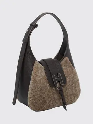 Hogan Shearling And Grained Calfskin Hobo Bag With H Monogram Logo - Brown