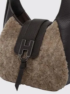 Hogan Shearling And Grained Calfskin Hobo Bag With H Monogram Logo - Brown