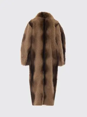 SWORD 6644 Long Double-breasted Patterned Faux Fur Coat With Lapels