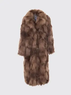 SWORD 6644 Long Single-breasted Faux Fur Coat With A Relaxed Fit - Brown