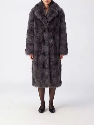 SWORD 6644 Long Single-breasted Faux Fur Coat With A Relaxed Fit Grey