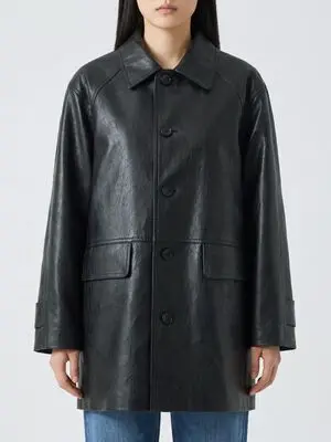 DUNST Knee-length Single-breasted Suede Jacket With Patch Pockets - Black