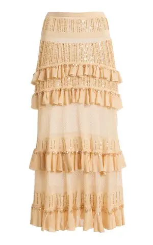 Ulla Johnson Anouk Ruffle Midi Knit Skirt - Neutral