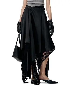 L'EMIUNE Silk Asymmetrical Lace Trim Skirt