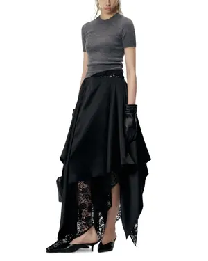 L'EMIUNE Silk Asymmetrical Lace Trim Skirt