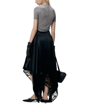 L'EMIUNE Silk Asymmetrical Lace Trim Skirt