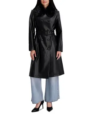 KENNETH COLE Faux Fur Collar Faux Leather Trench Coat